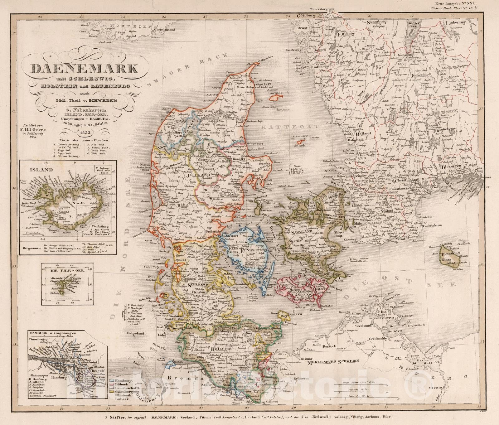 Historic Wall Map : Denmark, 1835 Daenemark mit Schleswig, Holstein, u ...