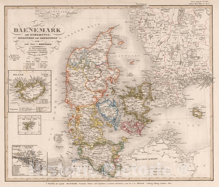 Historic Wall Map : Denmark, 1835 Daenemark mit Schleswig, Holstein, u ...