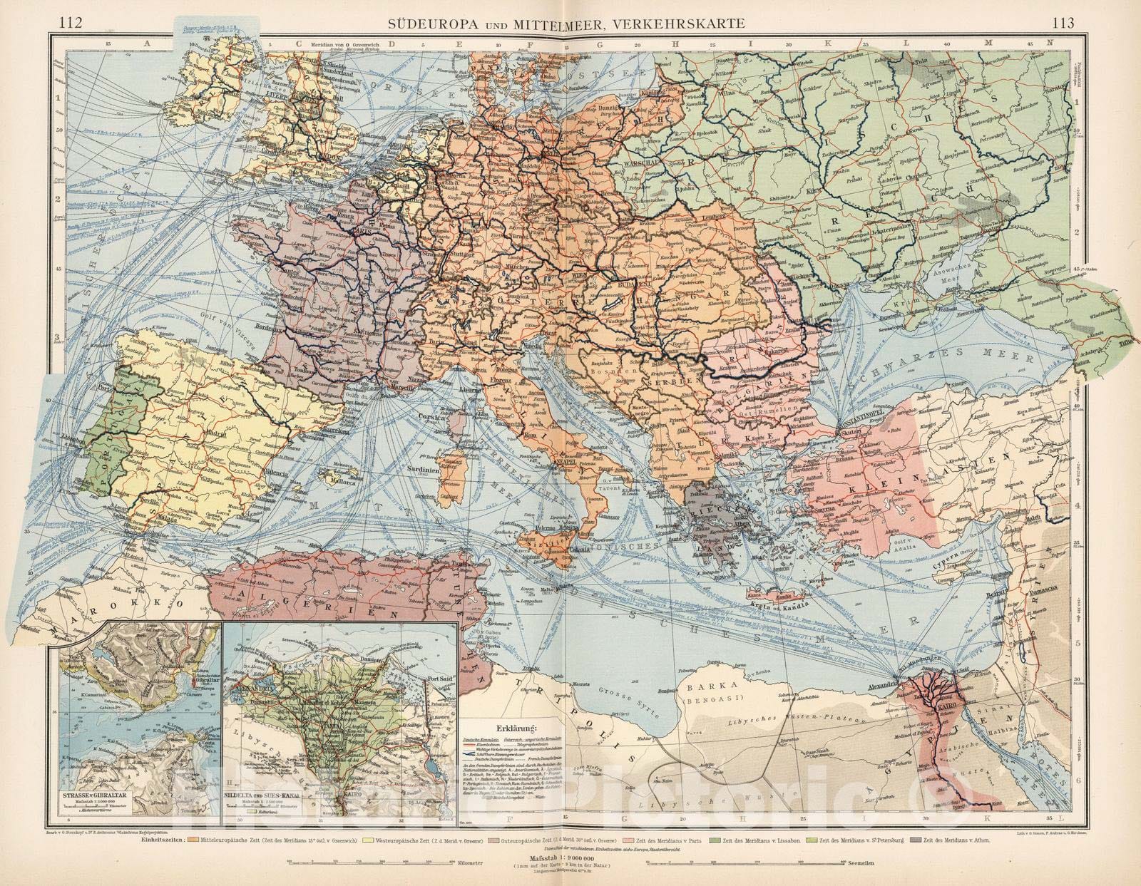 Historic Wall Map : Europe, Southern 1905 Sudeuropa und Mittelmeer, Ve ...