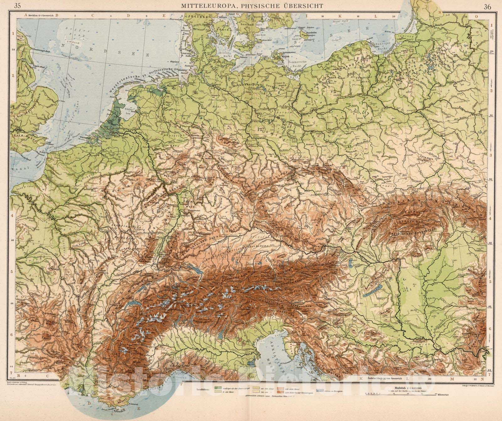 Historic Map : Central Europe 1905 Mitteleuropa, Physiche Ubersicht ...