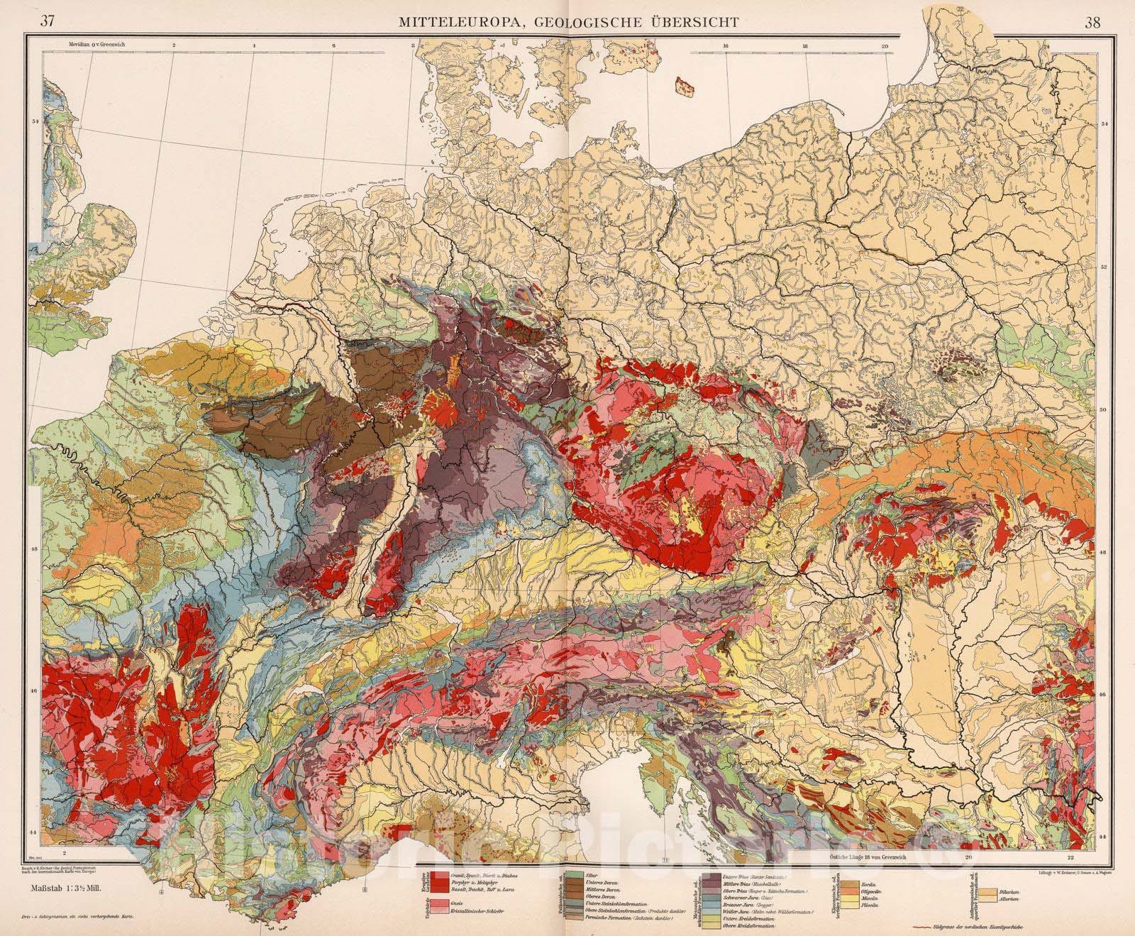 Historic Wall Map : Central Europe 1905 Mitteleuropa, Geologische U?be ...