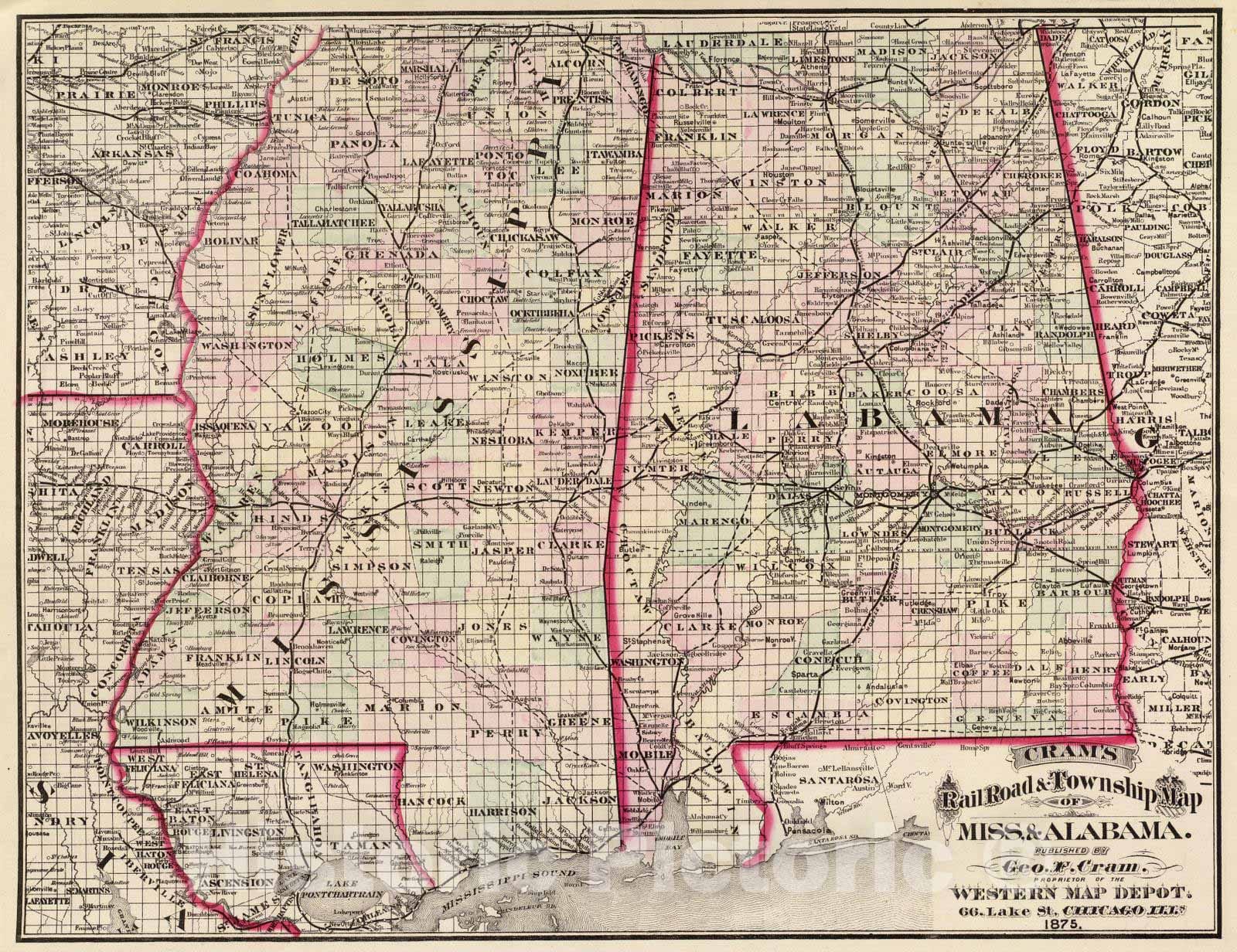 Historic Map : National Atlas - 1875 Mississippi & Alabama. - Vintage ...