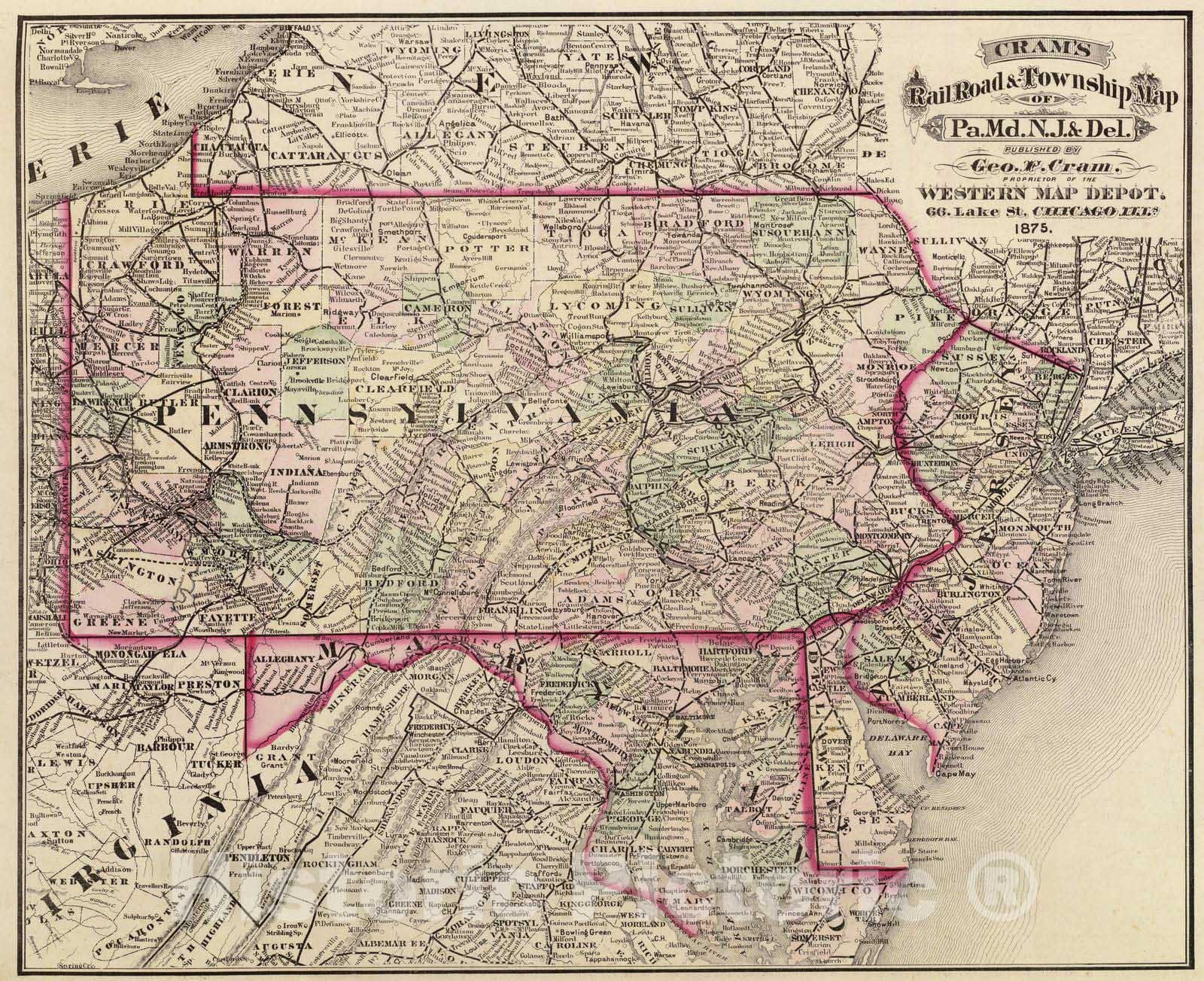 Historic Map : National Atlas - 1875 Pa. Md. N.J. & Del. - Vintage Wal ...