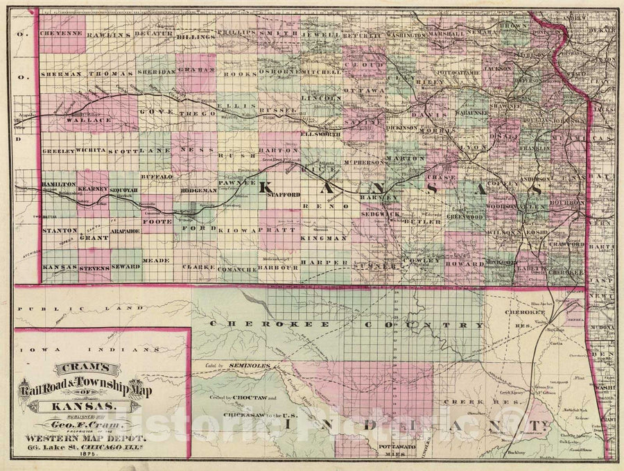 Historic Wall Map : National Atlas - 1875 Kansas. - Vintage Wall Art ...