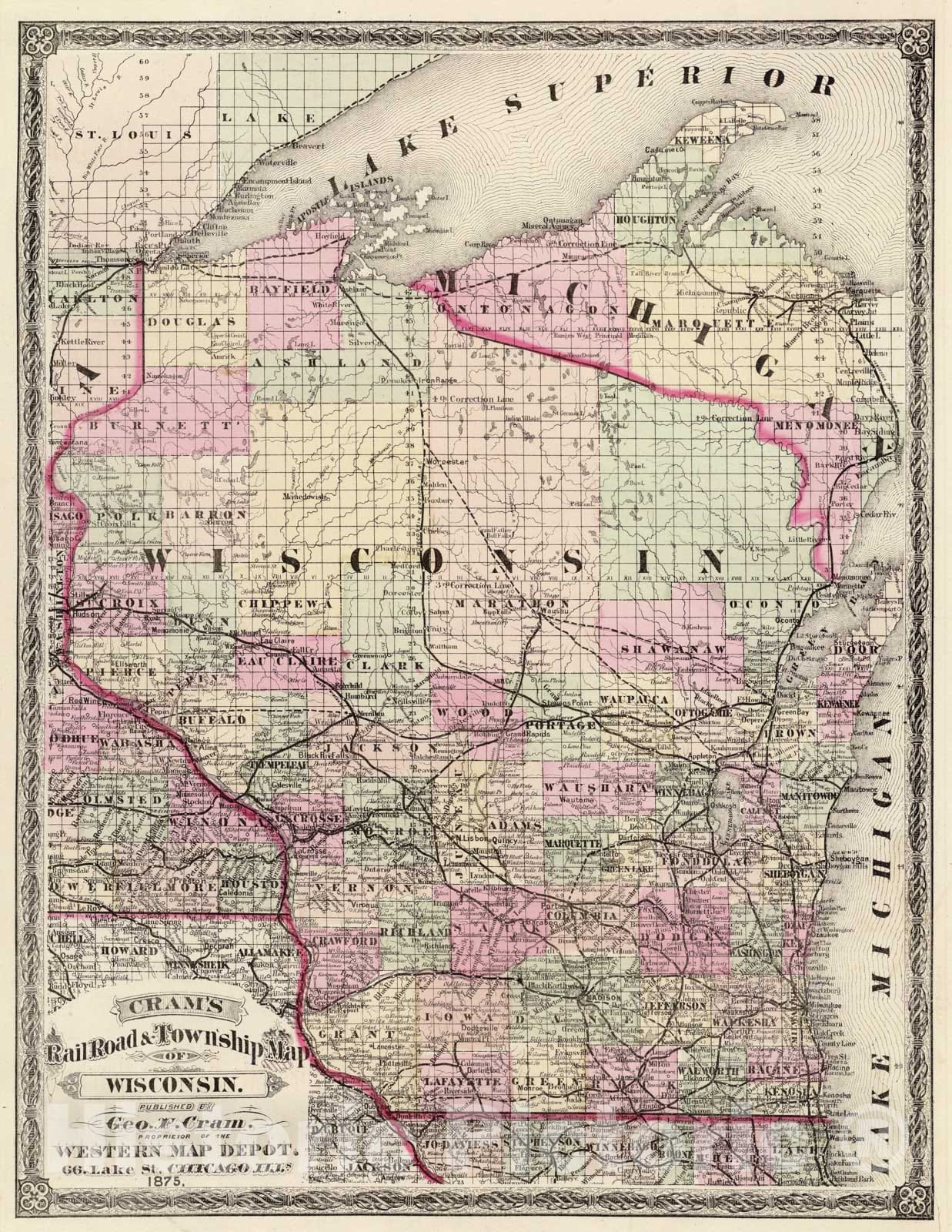 Historic Map - National Atlas - 1875 Wisconsin. - Vintage Wall Art ...