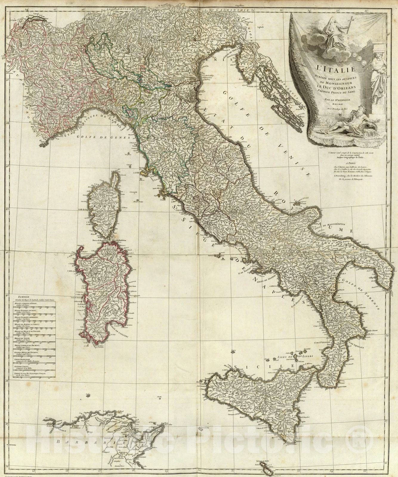 Historic Map : Italy; Malta, Corsica 1743 L'Italie. , Vintage Wall Art ...
