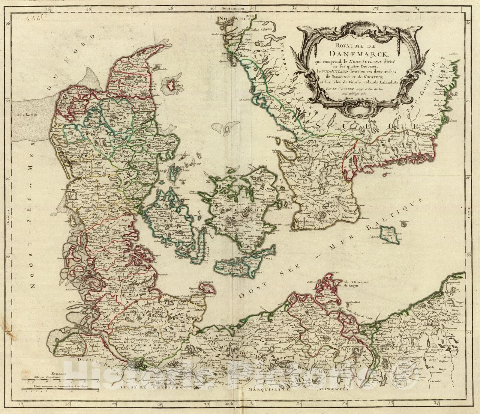 Historic Wall Map : Denmark; Sweden, 1750 Danemarck. , Vintage Wall Ar ...