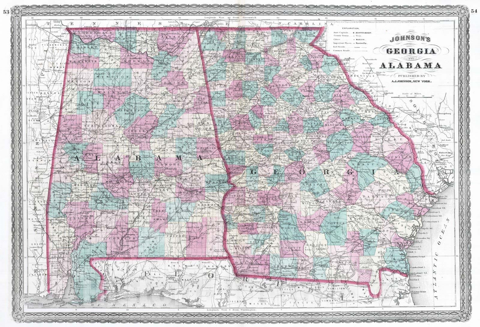 Georgia and Alabama Physical Map 1870 Historical Print – Historic Pictoric