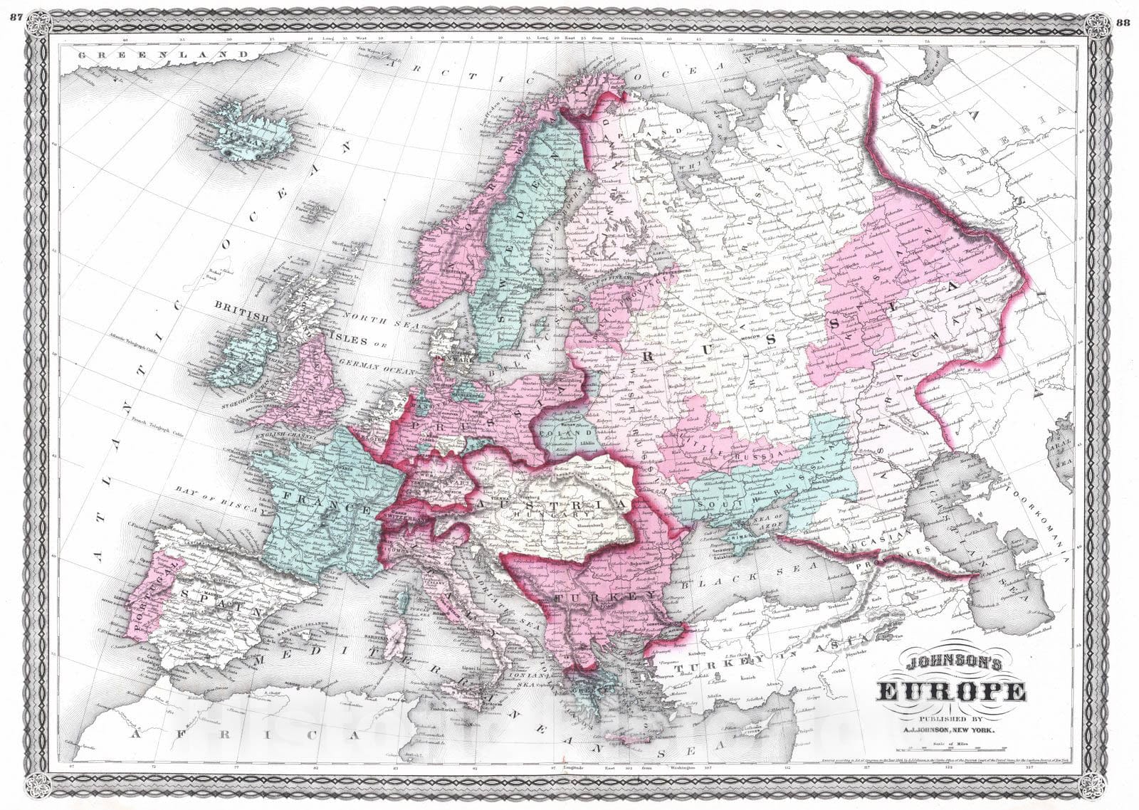 Europe Physical Map 1870 Johnson's Family Atlas Print – Historic Pictoric