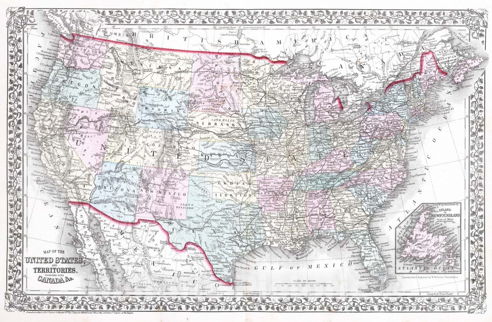 Historic Map : 1874 United States and Territories together with Canada ...