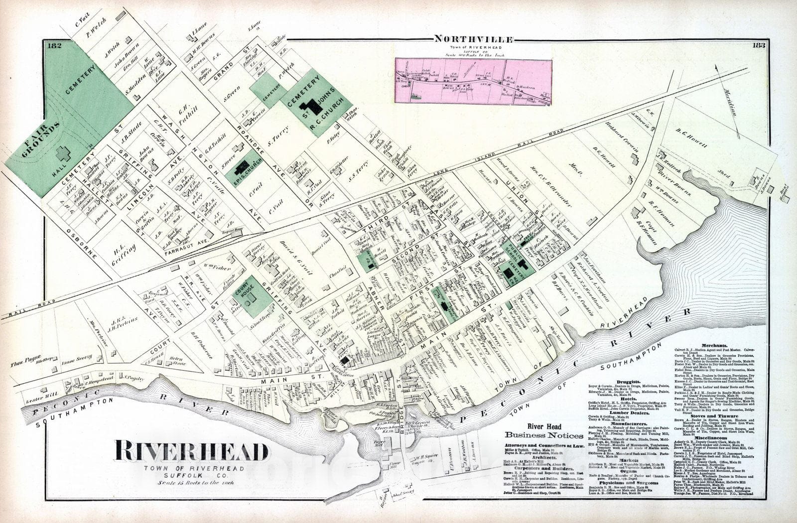 Historic Wall Map : 1873 Riverhead, Northville, in Riverhead. River He ...