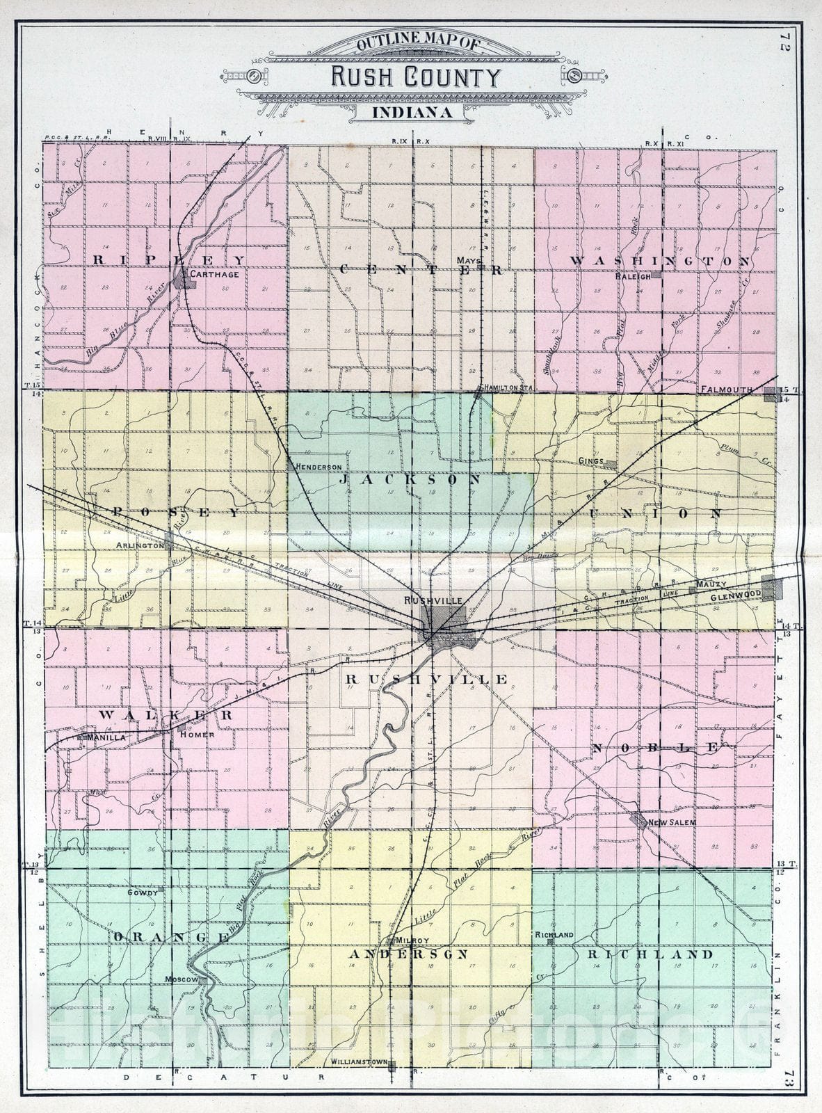 Historic Map : 1908 Outline Map of Rush County, Indiana. - Vintage Wal ...