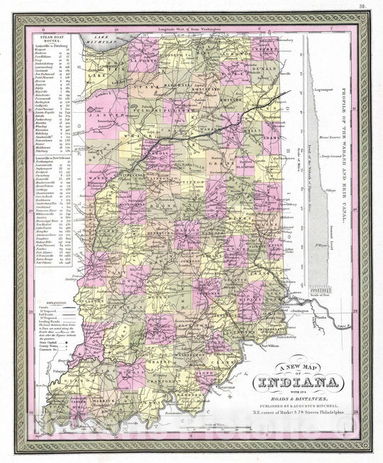 Historic Map : 1849 New Map of Indiana with its Roads & Distances - Vi ...