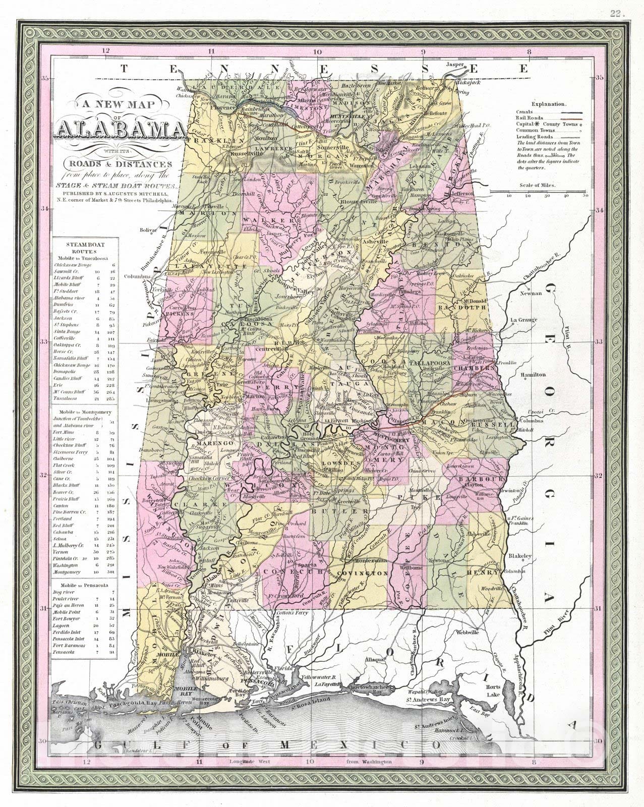 Historic Map - World Atlas - 1849 New Map of Alabama with its Roads ...
