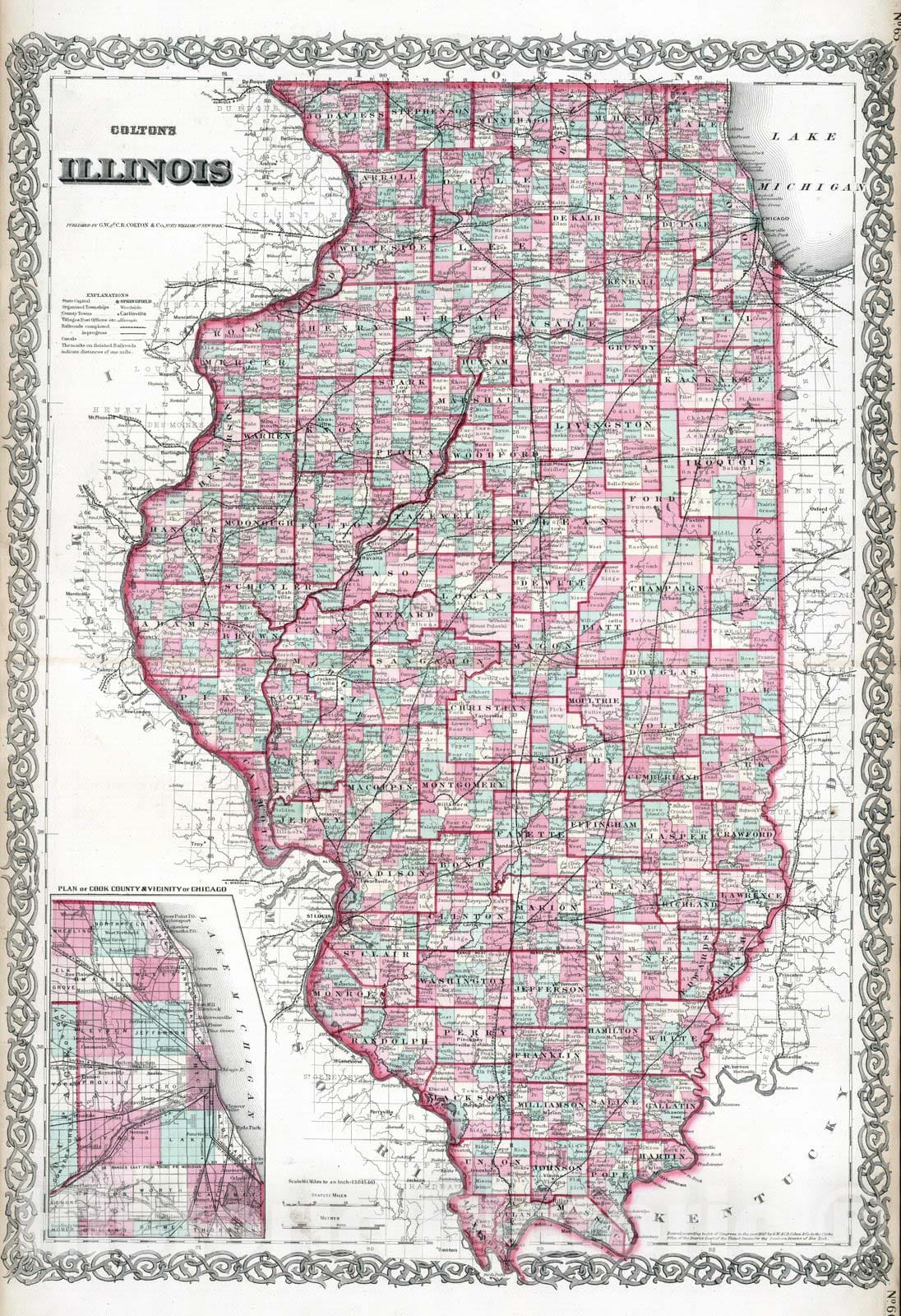 Historic Wall Map : 1869 Illinois. - Vintage Wall Art – Historic Pictoric