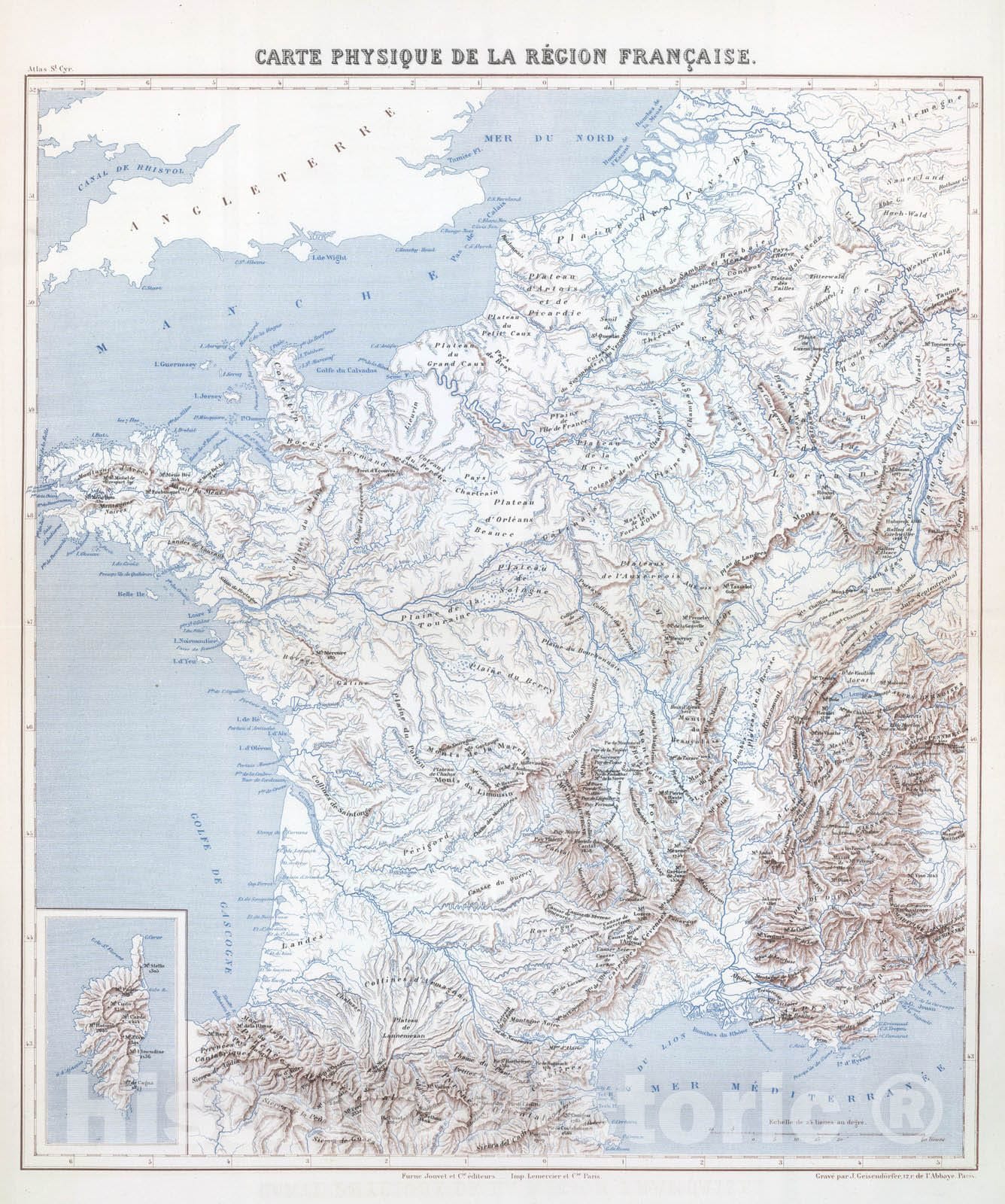 Historic Map : France, 1882 Carte Physique de la Region Francaise. , V ...