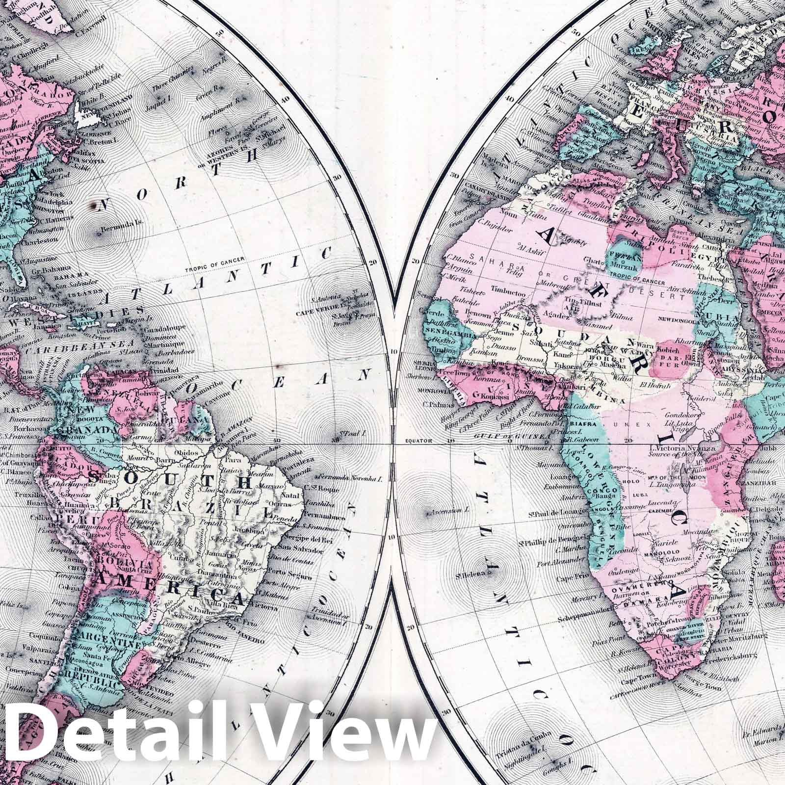 Historic Map : 1865 Western and Eastern Hemispheres. - Vintage Wall Ar ...