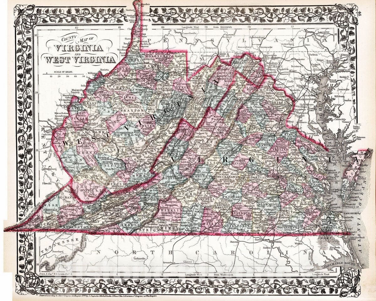 Historic Map : 1877 County map of Virginia and West Virginia - Vintage ...