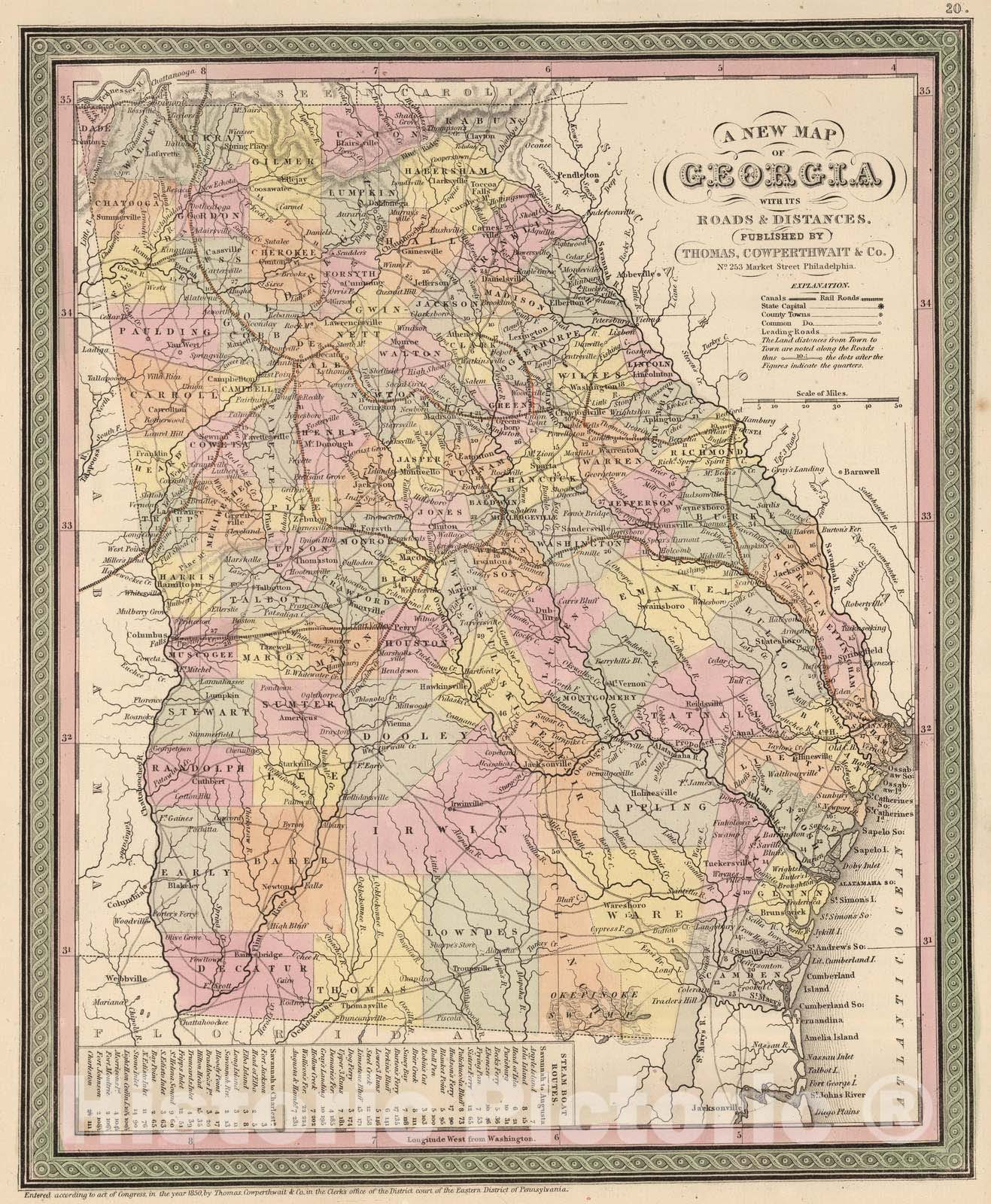 Historic Map : 1853 A New Map of Georgia - Vintage Wall Art – Historic ...
