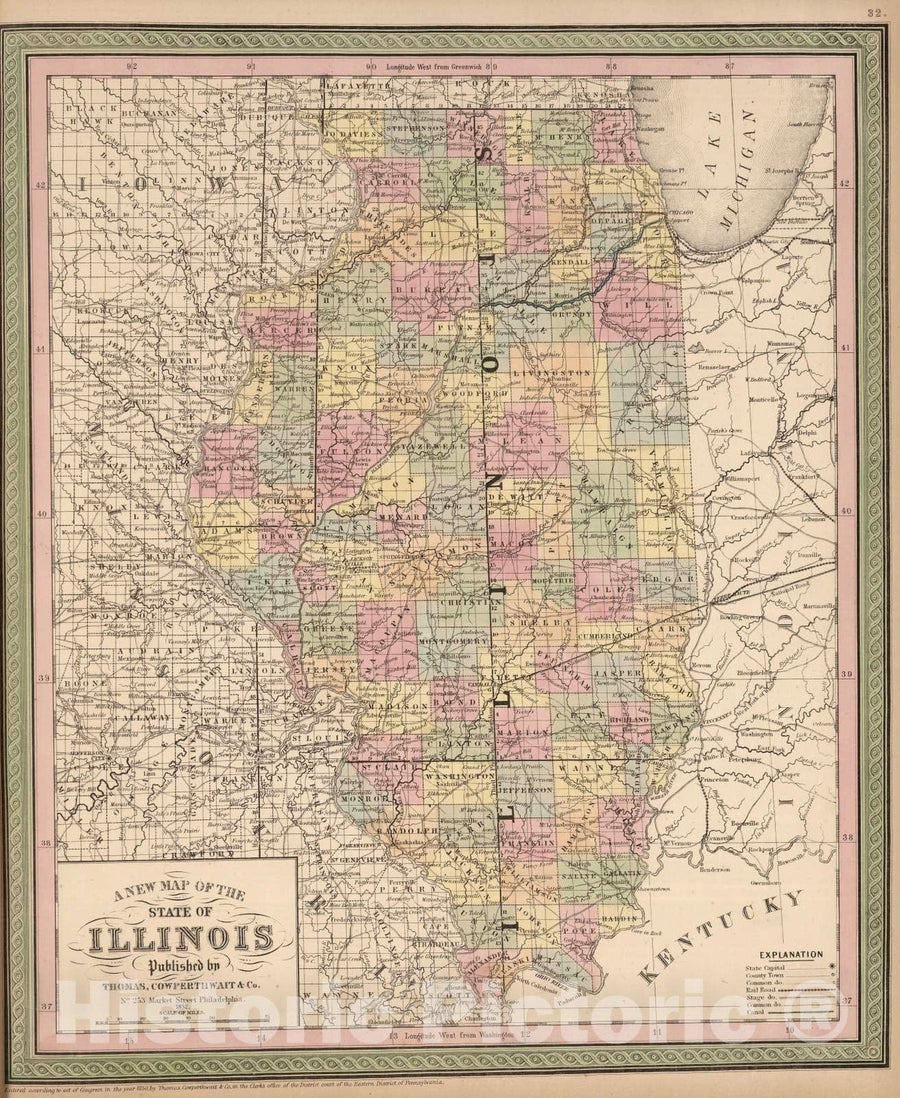 Historic Map : 1853 A New Map of The State of Illinois - Vintage Wall ...