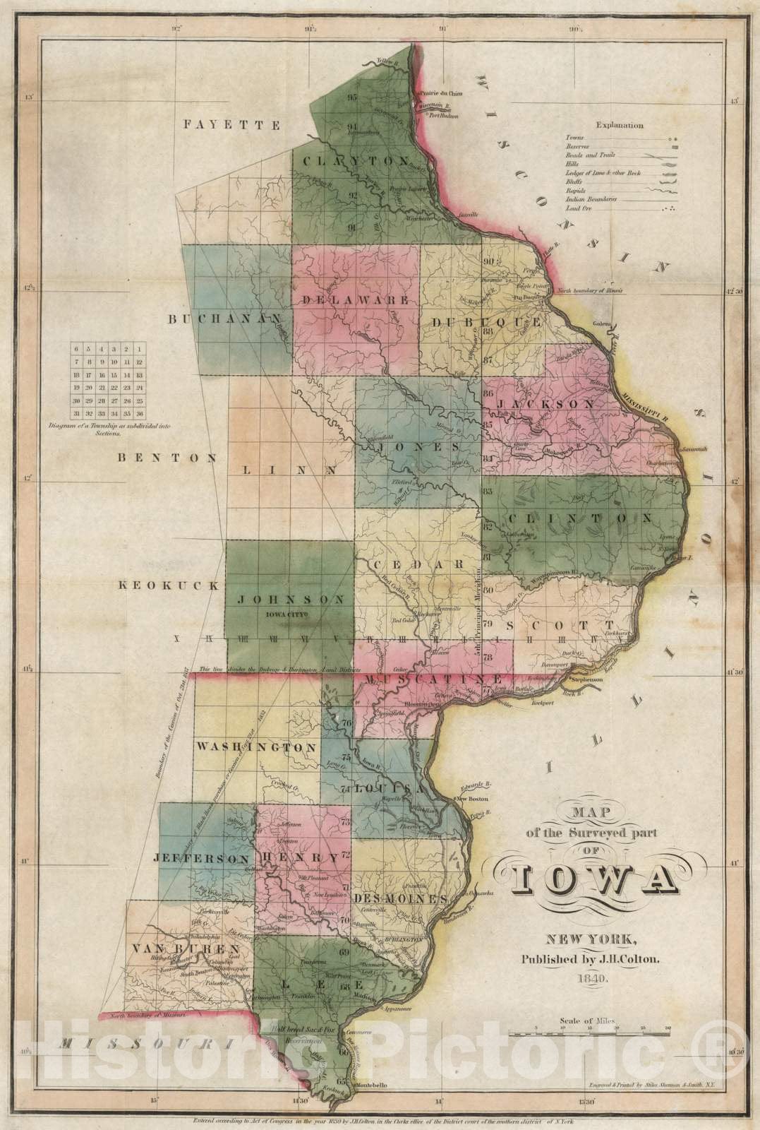 Historic Map : Guide Book - 1840 Map of The Surveyed Part of Iowa - Vi ...