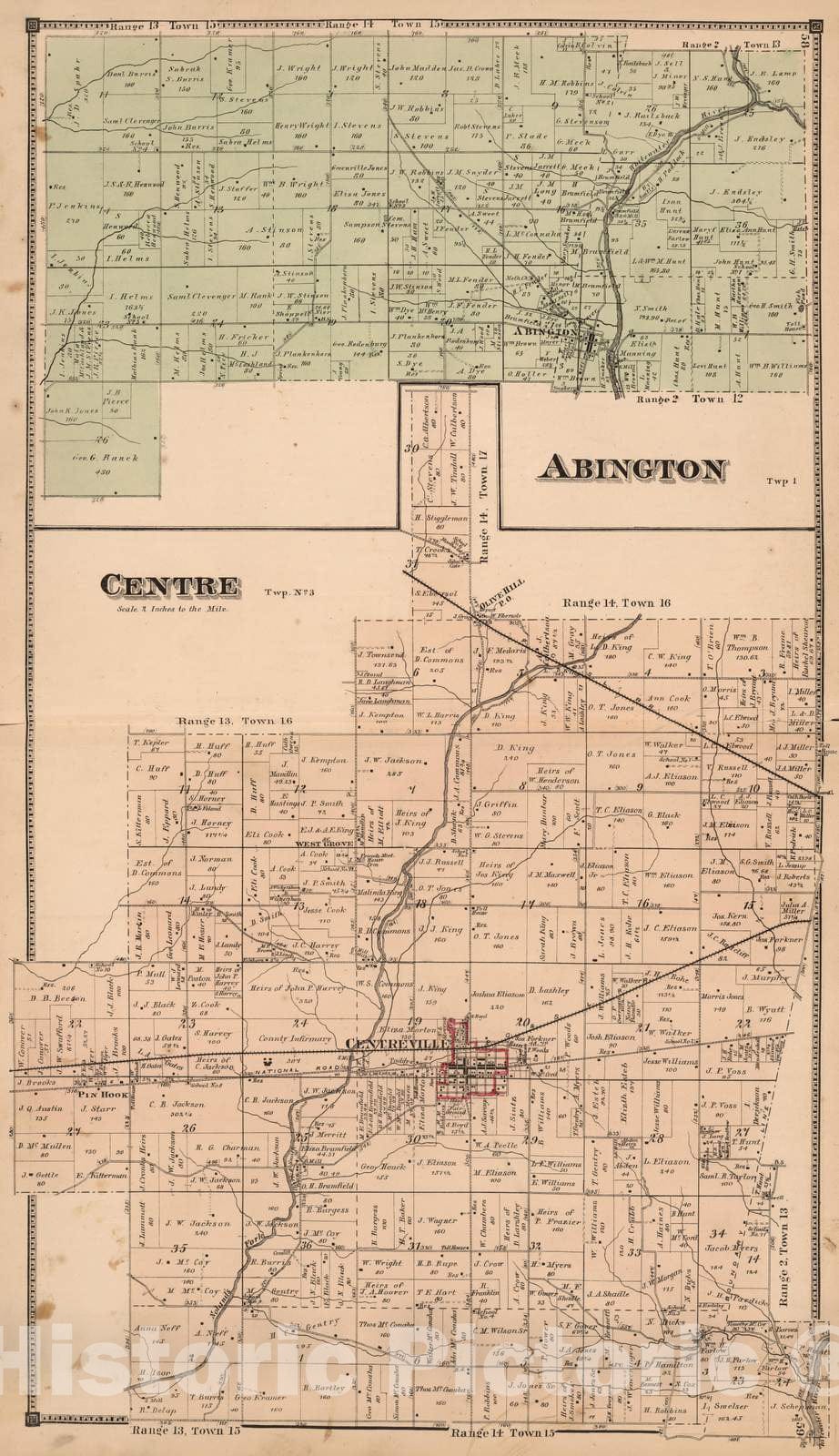 Historic Map : 1874 Abington and Centre Townships, Wayne County, India ...