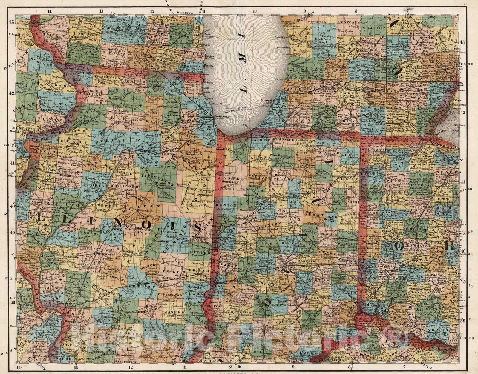 Historic Wall Map : National Atlas - 1852 Illinois, Indiana, Ohio. - V ...