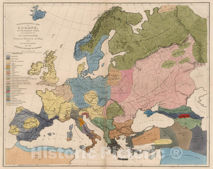Historic Map : 1861 Ethnographical Map of Europe, in The Earliest Time ...