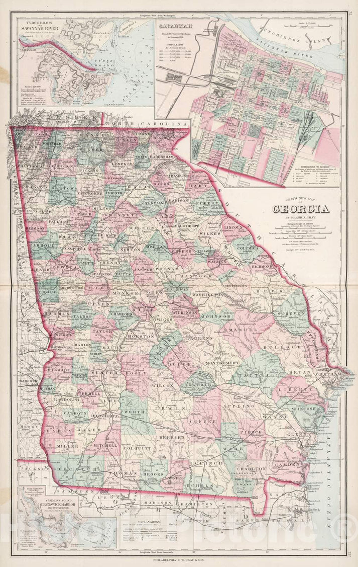 Historic Wall Map : 1878 Georgia. - Vintage Wall Art – Historic Pictoric
