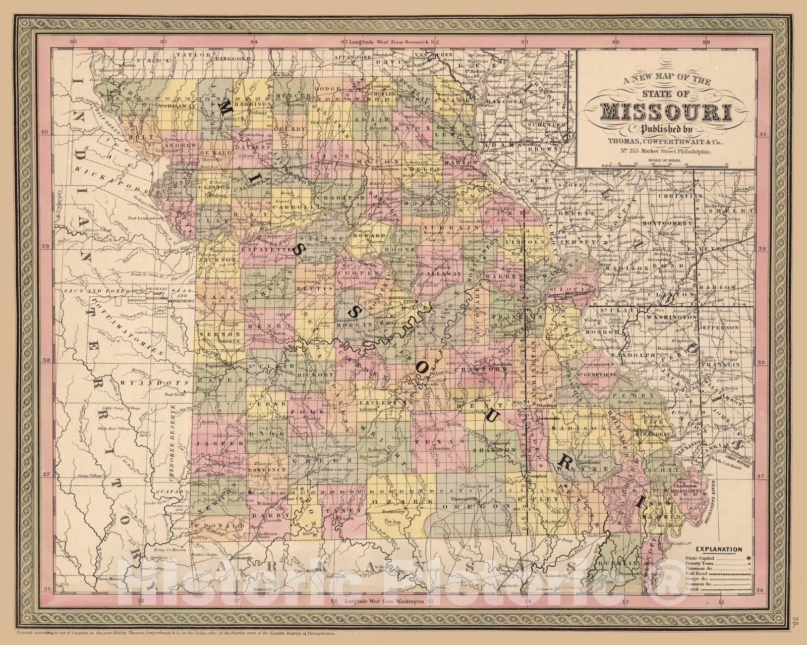Historic Map - World Atlas - 1853 A New Map of The State of Missouri ...