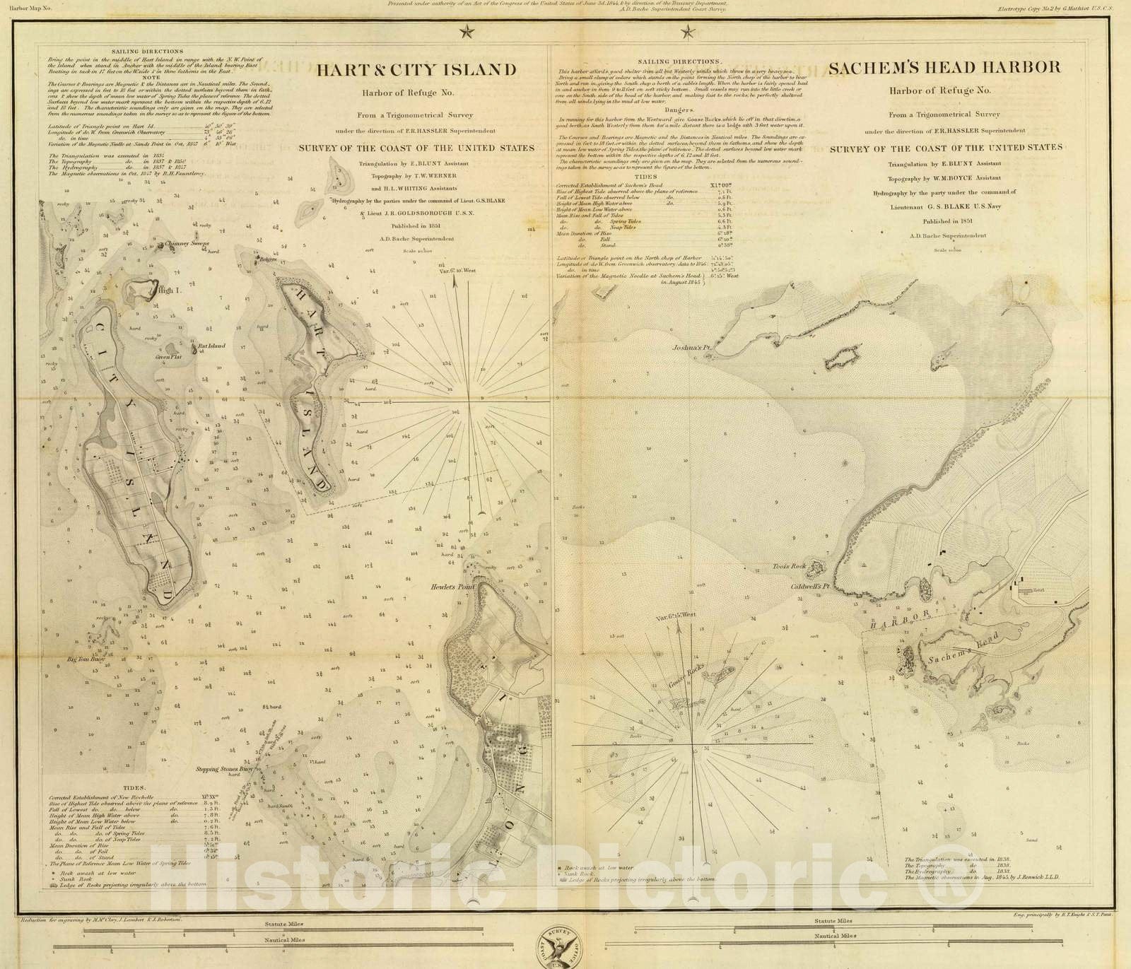 Historic Map : Chart Atlas - 1851 Hart & City Island, Sachem's Head Ha ...