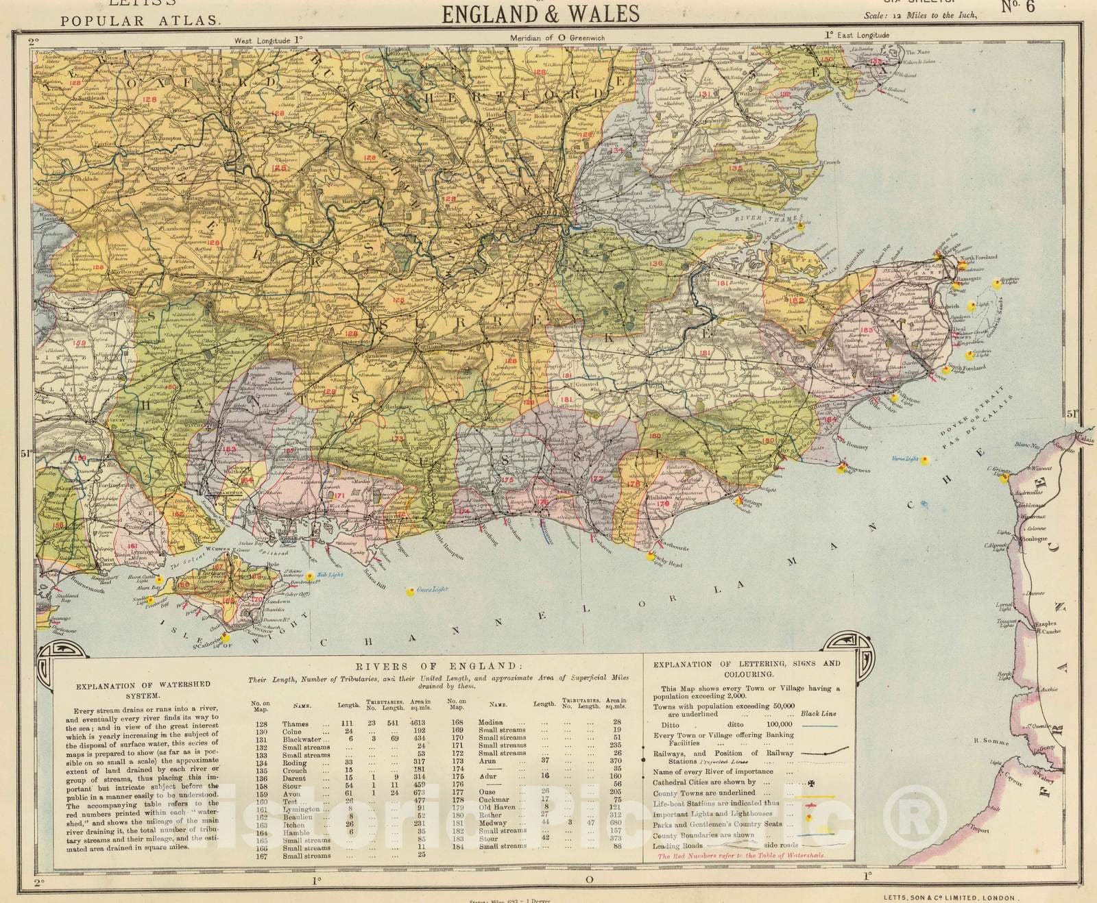 Historic Wall Map : 1883 Watershed map England, Wales 6. - Vintage Wal ...
