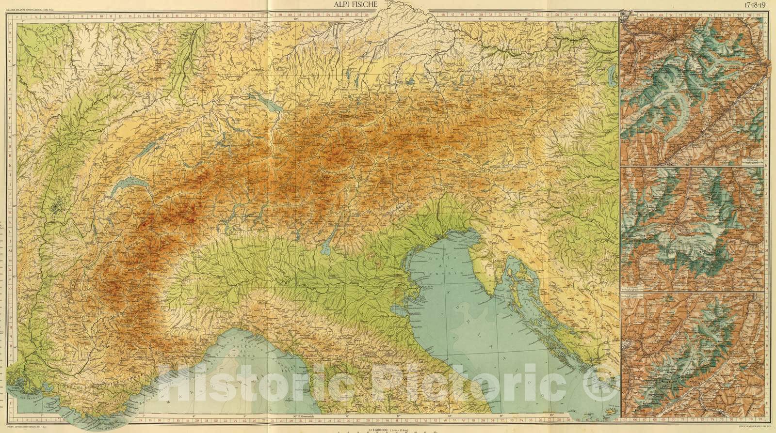 Historic Wall Map : Italy; Switzerland, Alps 1929 17-19. Alpi fisiche ...