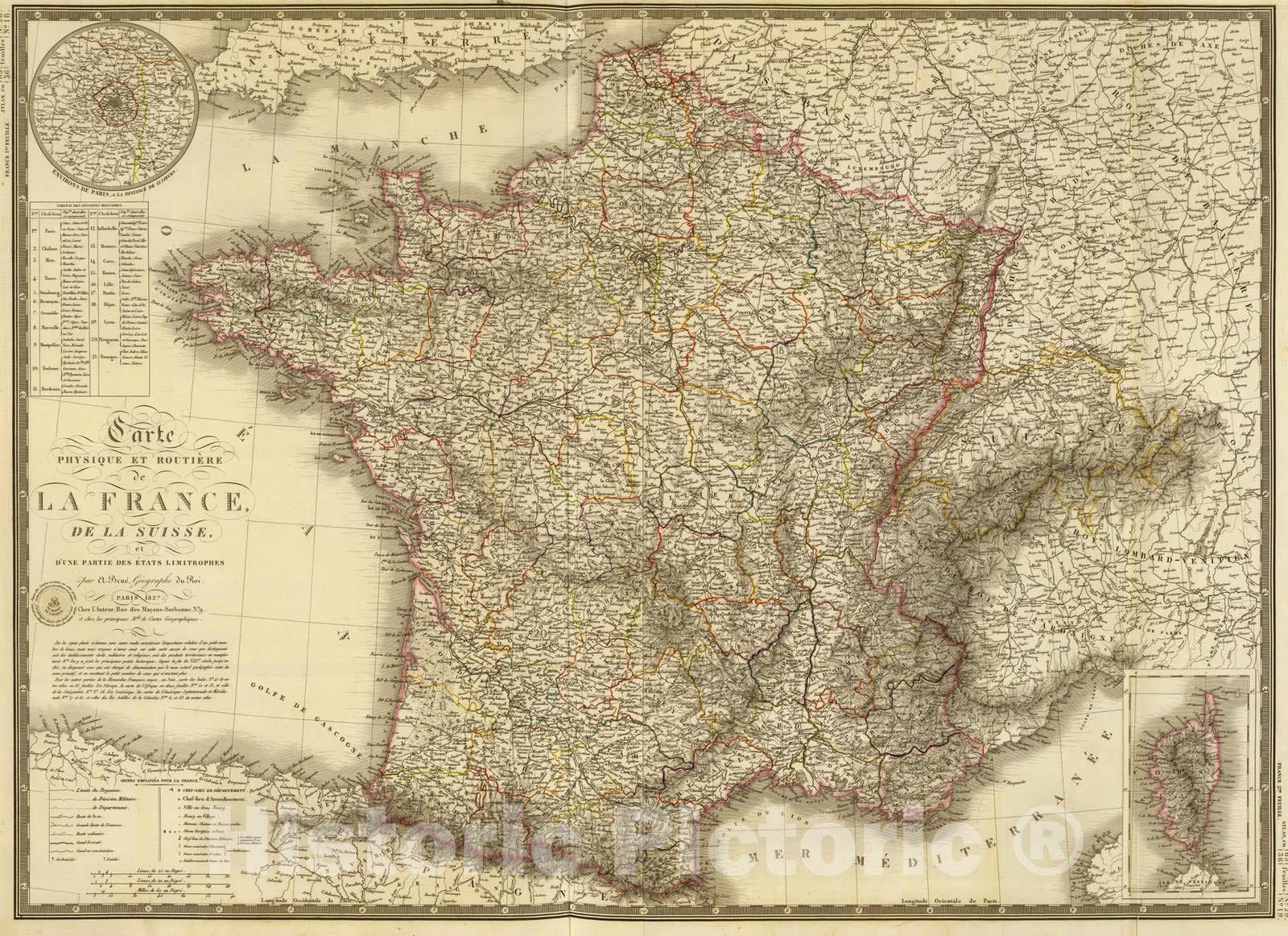 Historic Map : France; Switzerland, 1827 Carte Physique et routiere de ...