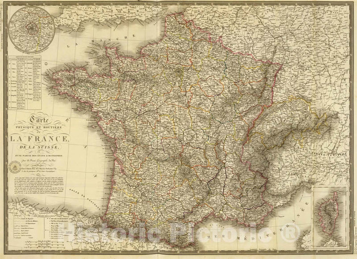 Historic Map : France; Switzerland, 1827 Carte Physique et routiere de ...