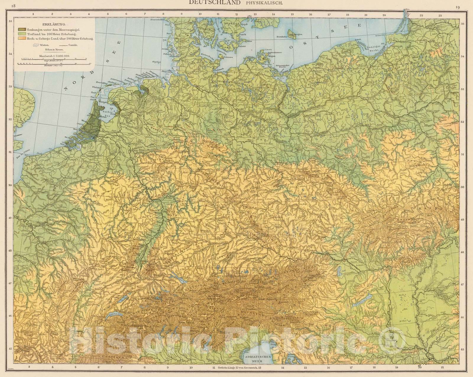Historic Map : Germany; Poland, Europe, Central 1881 Deutschland physi ...