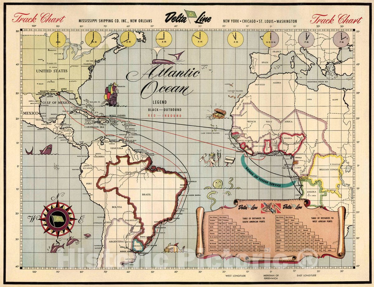 Historic Map : Delta Line Track Chart Atlantic Ocean, 1950 Pictorial M ...