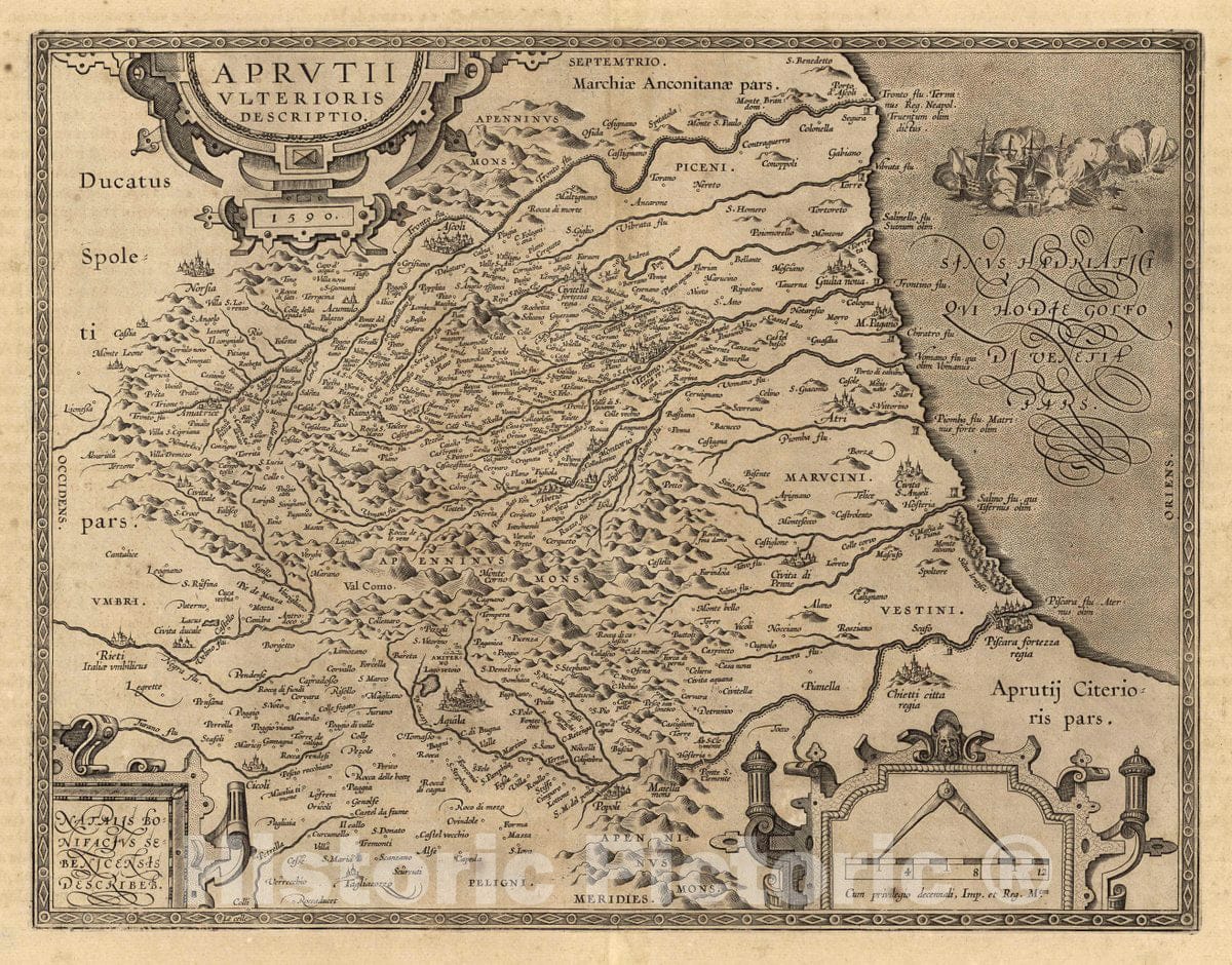 Historic Wall Map : Italy, Aprutii Vlterioris Descriptio. 1590. Natali ...