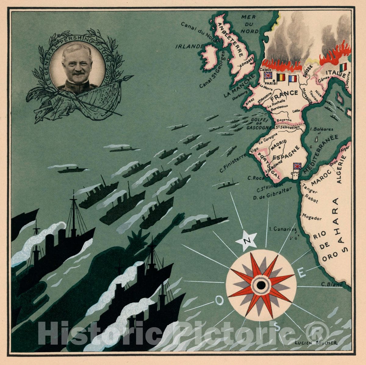 Historic Wall Map : Le General Pershing 1917, 1927 - Vintage Wall Art ...