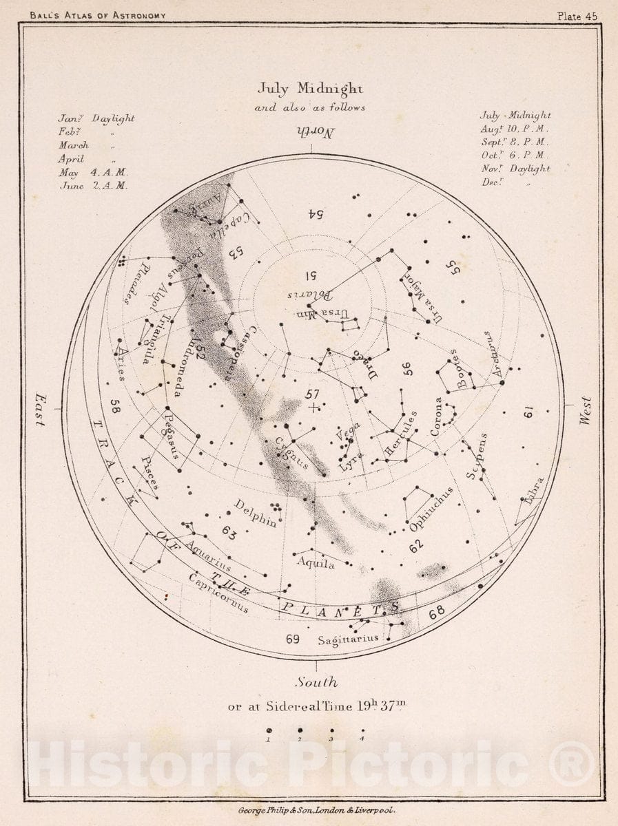 Historic Map : 45. Stars: July Midnight, 1892 Celestial Atlas - Vintag ...