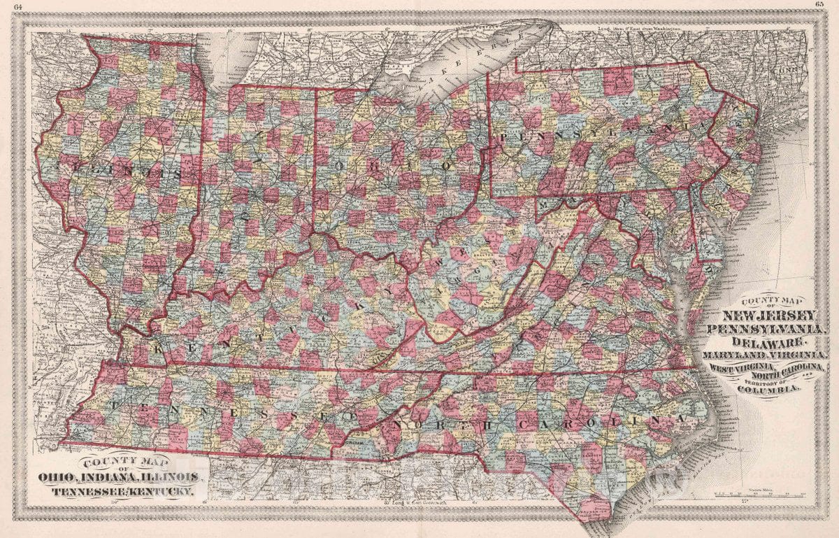 Historic Map : 1874 County map of Ohio, Indiana, Illinois,Tennessee an ...
