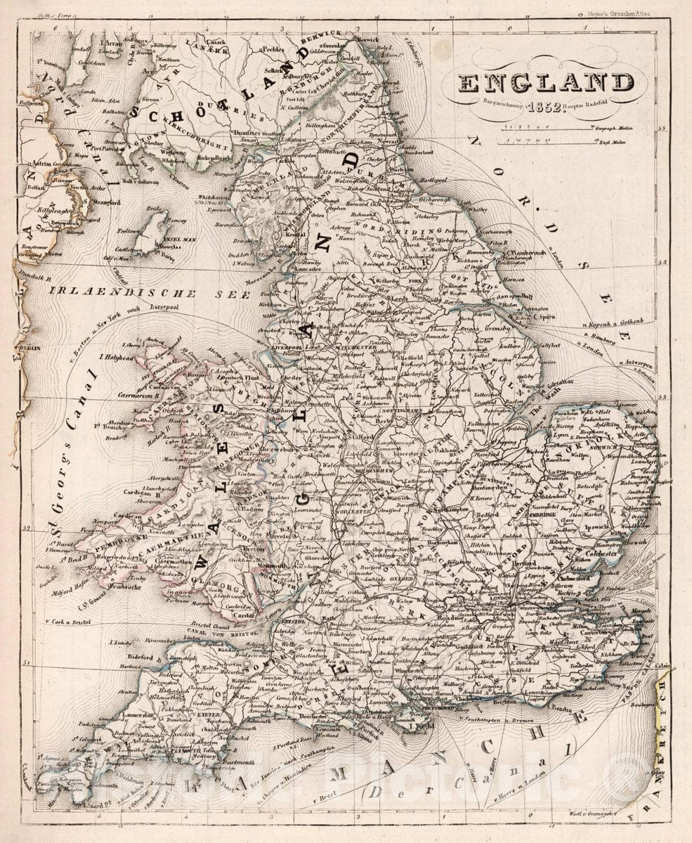 Historic Wall Map : England 1852. Bergzeichnung v. Hauptmann Radefeld ...