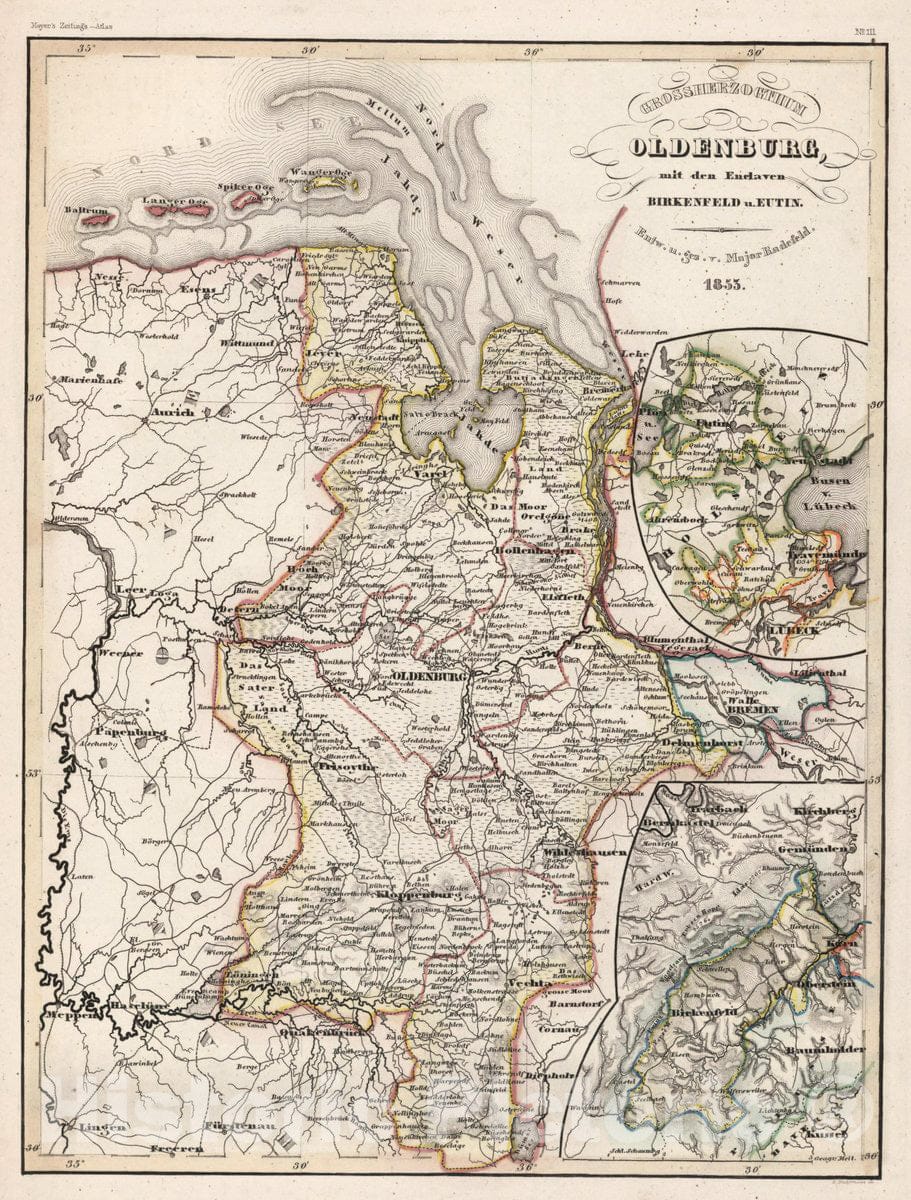 Historic Map : Germany, Grossherzogthum Oldenburg, mit den Enclaven Bi ...