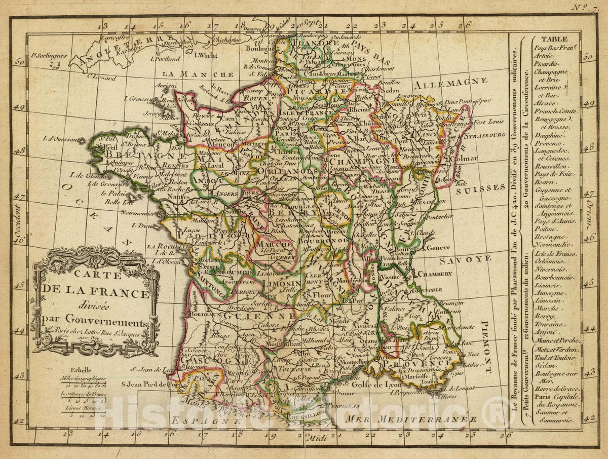 Historic Map : France, Carte de la France divisee par gouvernements. A ...