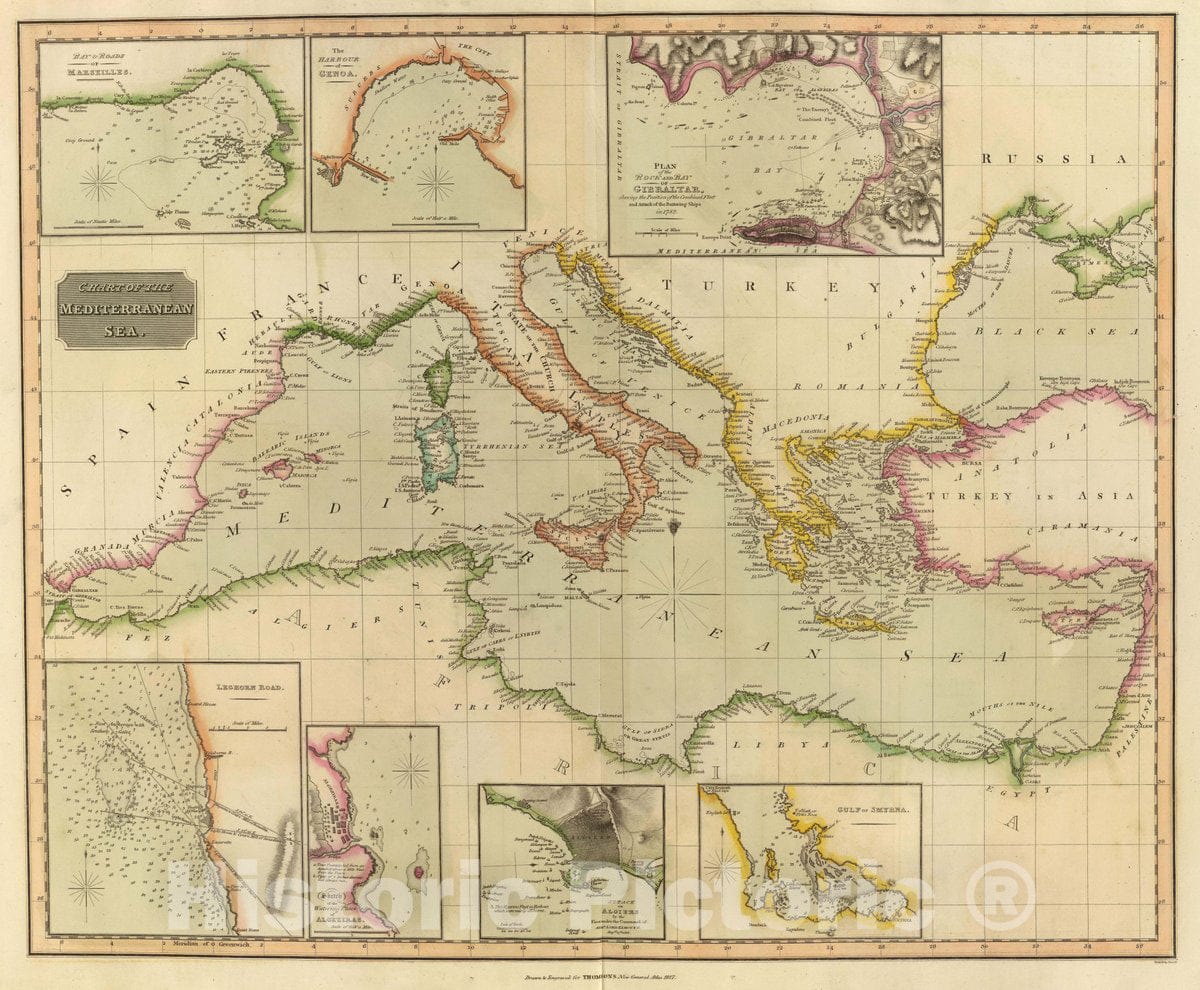 Historical Map : Chart of the Mediterranean Sea. (with) Bay & roads of ...