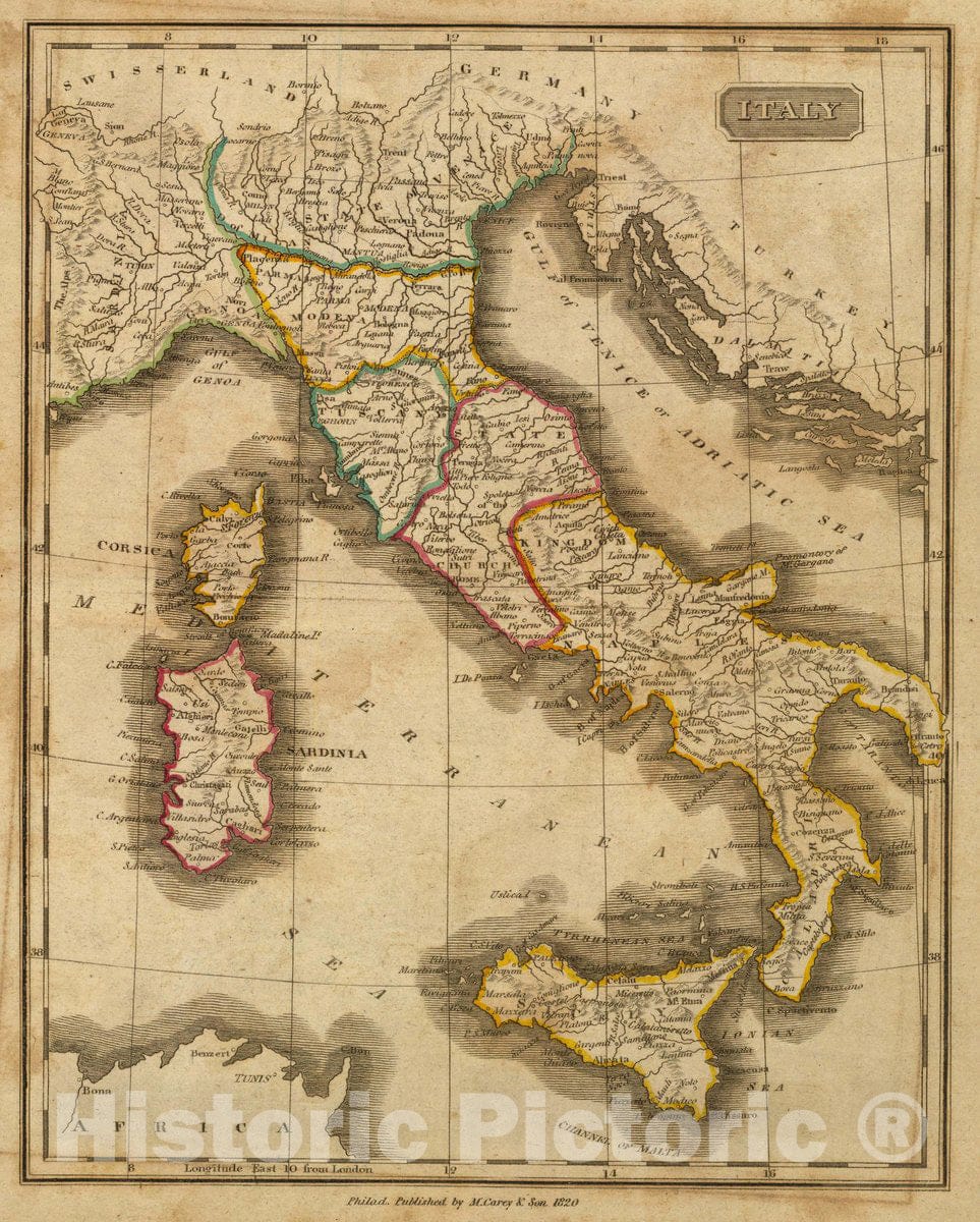 Historic Wall Map : Italy. Philad. Published by M. Carey & Son, 1820 ...