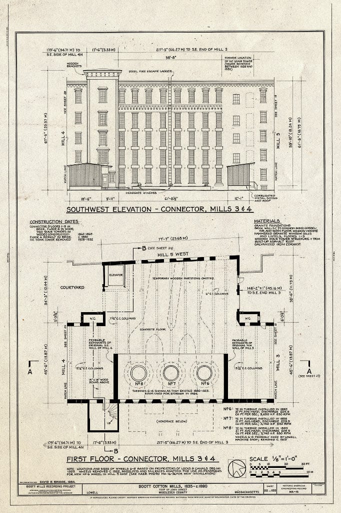 Blueprint Southwest Elevation - Connector, Mills 3 & 4, First Floor ...