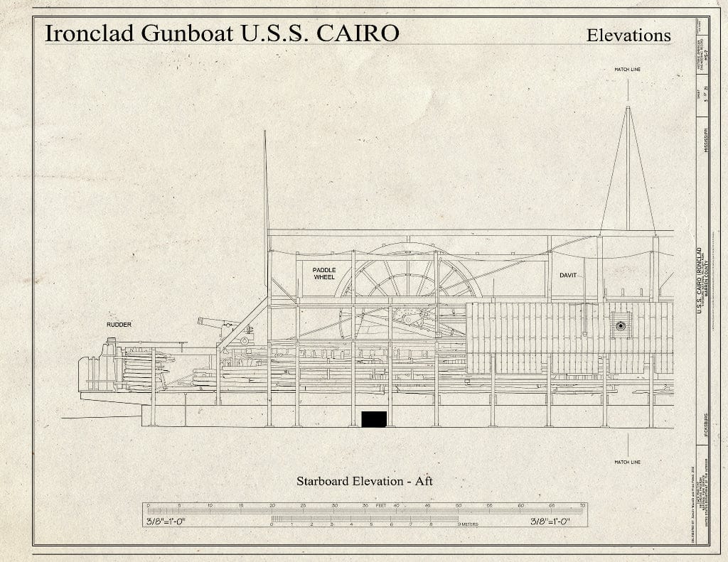 Blueprint Starboard Elevation - AFT - U.S.S. Cairo Ironclad, Vicksburg – Historic Pictoric