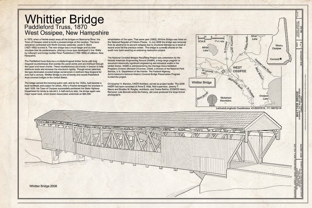 Historic Pictoric : Blueprint Whittier Bridge, Paddleford Truss, 1870,